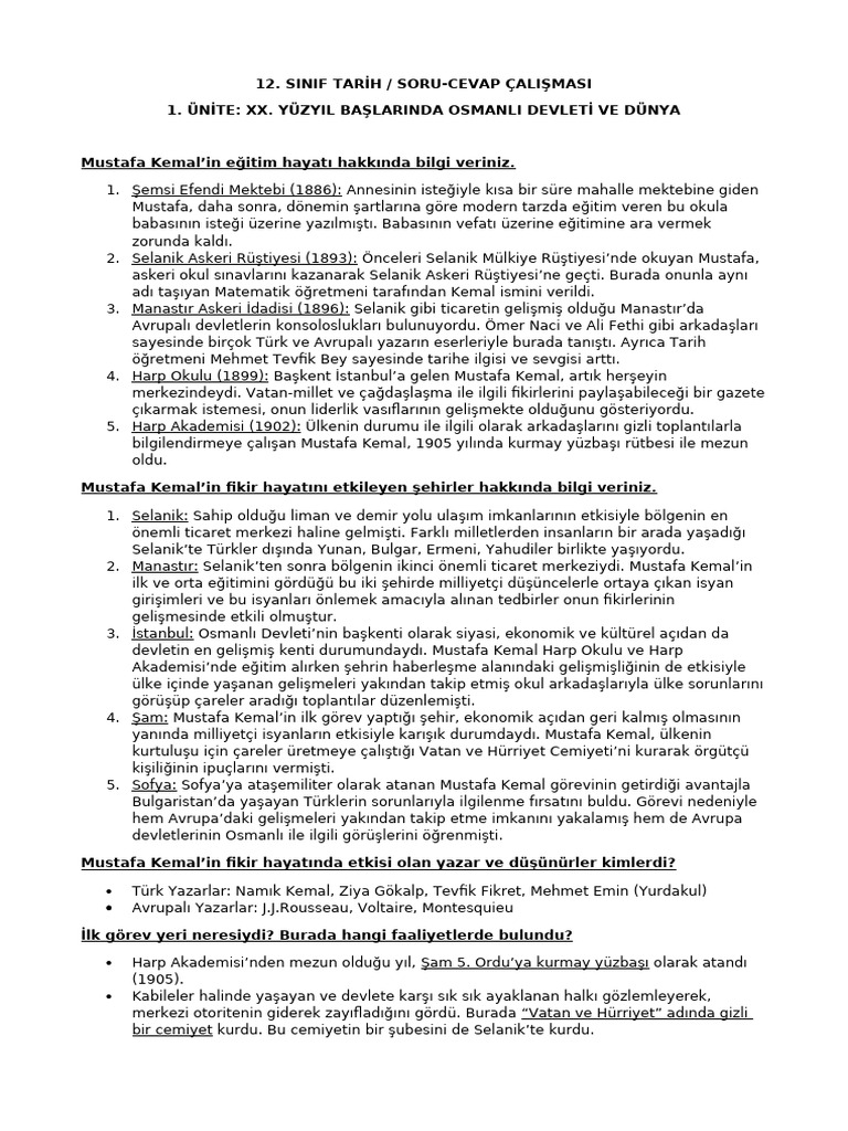 12.Sınıf 1. Ünite Çalışma Sayfası | PDF