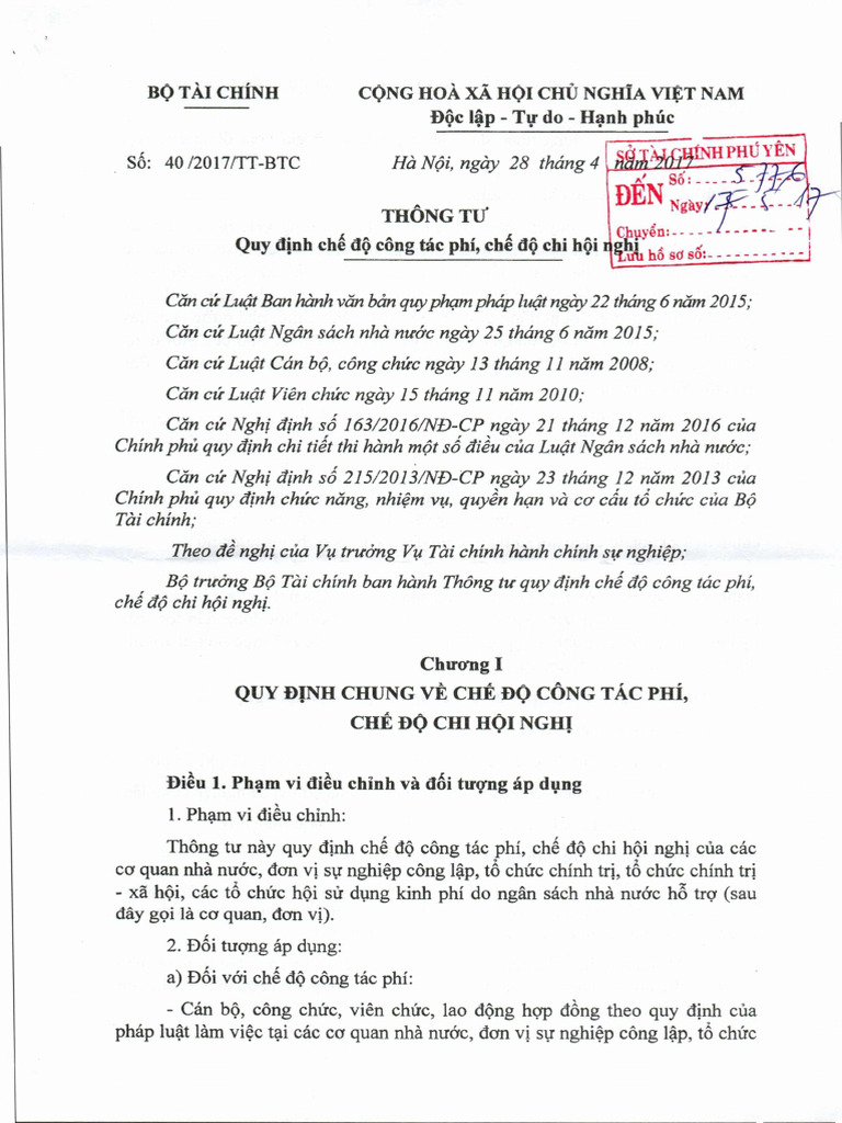 Thongtu40 2017 Quy Dinh Che Do Cong Tac Phi Chi Hoi Nghi (1) | PDF