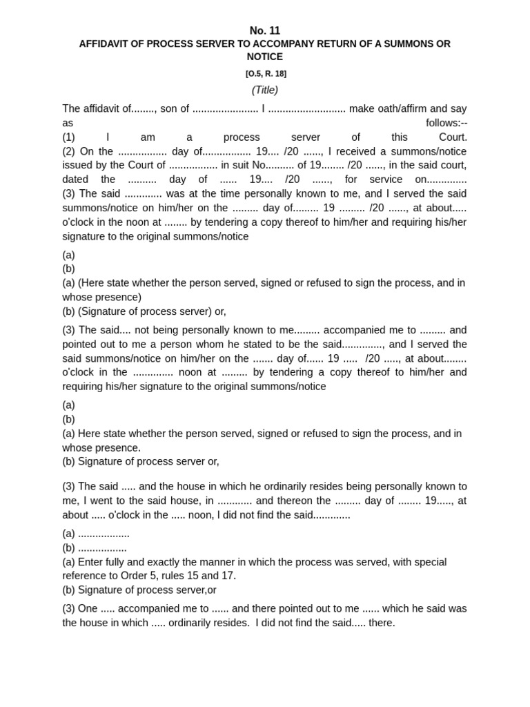Affidavit of Process Server to Accompany Return of a Summons or Notice ...