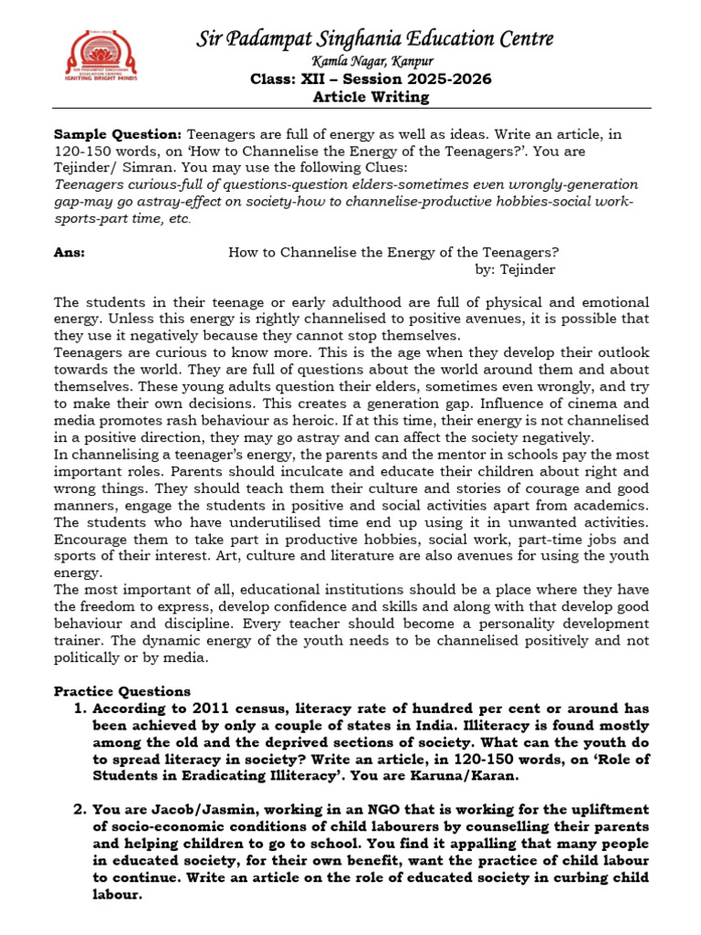 Article Writing (Practice and Sample Questions) | PDF | Adolescence ...
