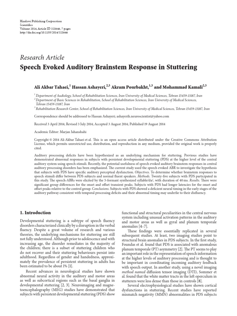 Auditory Brainstem Response in Stuttering | PDF | Stuttering | Cerebral ...