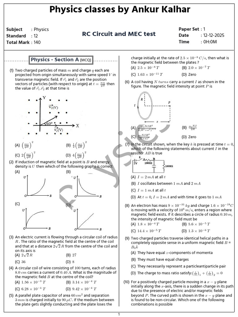 RC Circuit and MEC Test 994876 1 1765552546 | PDF | Electron | Magnetic ...
