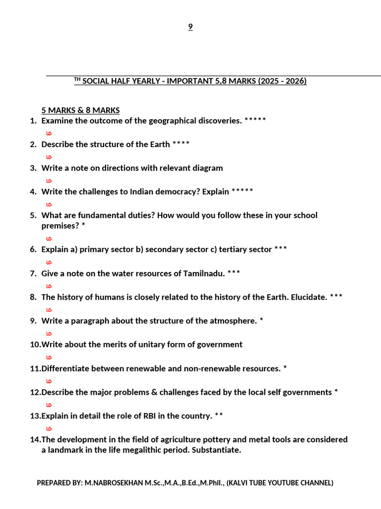 9th Social Full Portion Imp 5,8 Marks | PDF | Earth Sciences | Natural ...