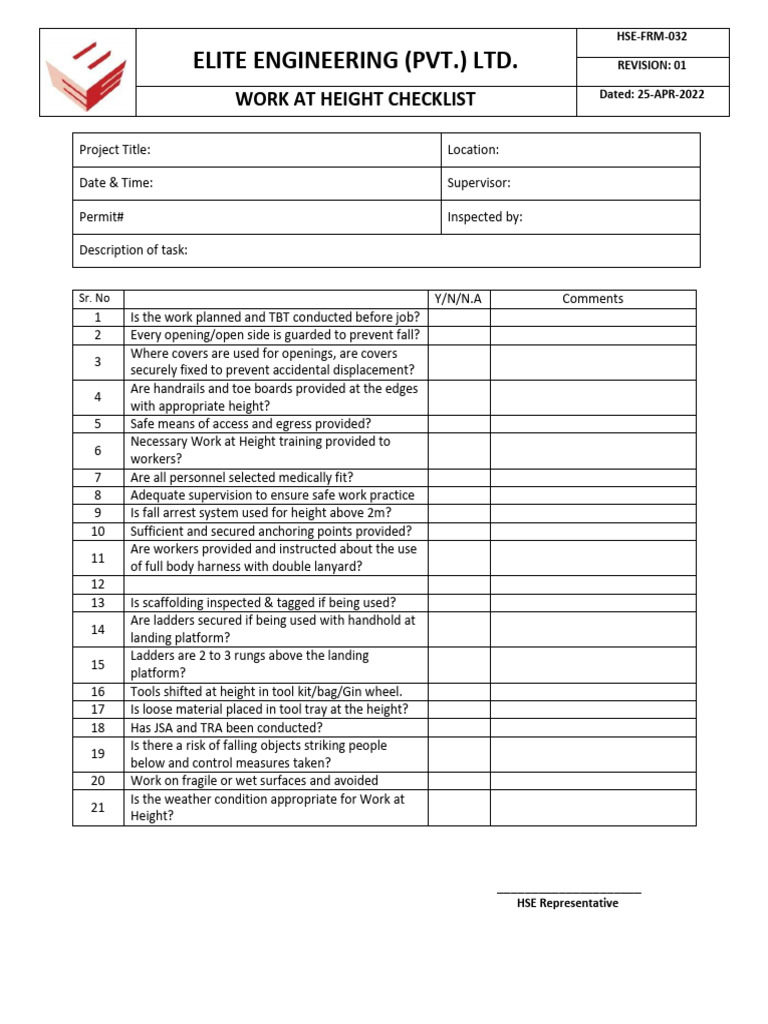 Hse-Frm-032 Work at Height Checklist | PDF
