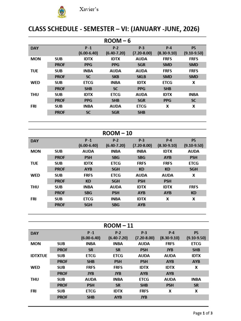 Class Schedule (Jan-Jun-2026) Sem Vi | PDF