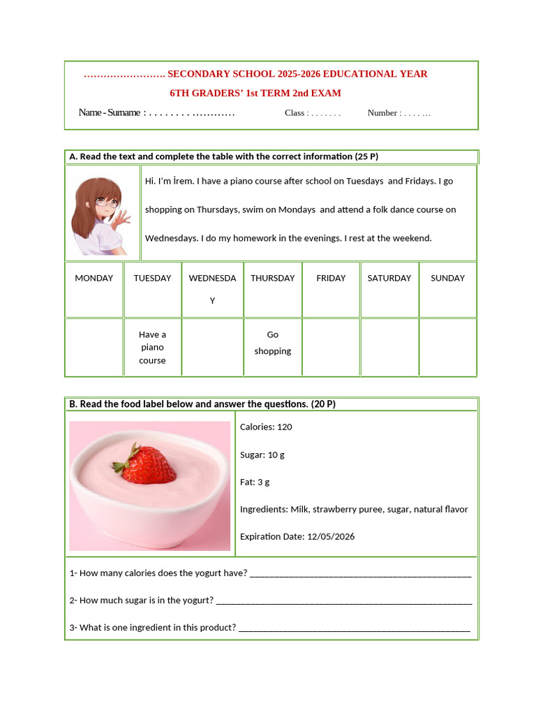 6th Grade English Exam 2025-2026 | PDF | Foods