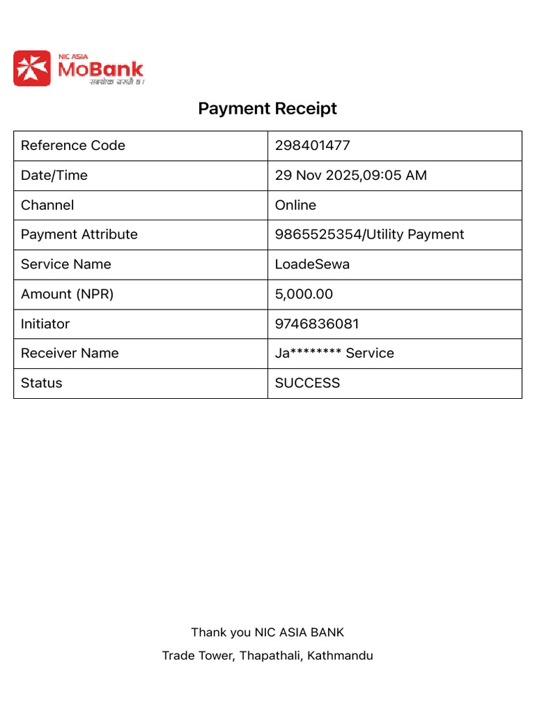 NIC ASIA Bank Payment Receipt | PDF