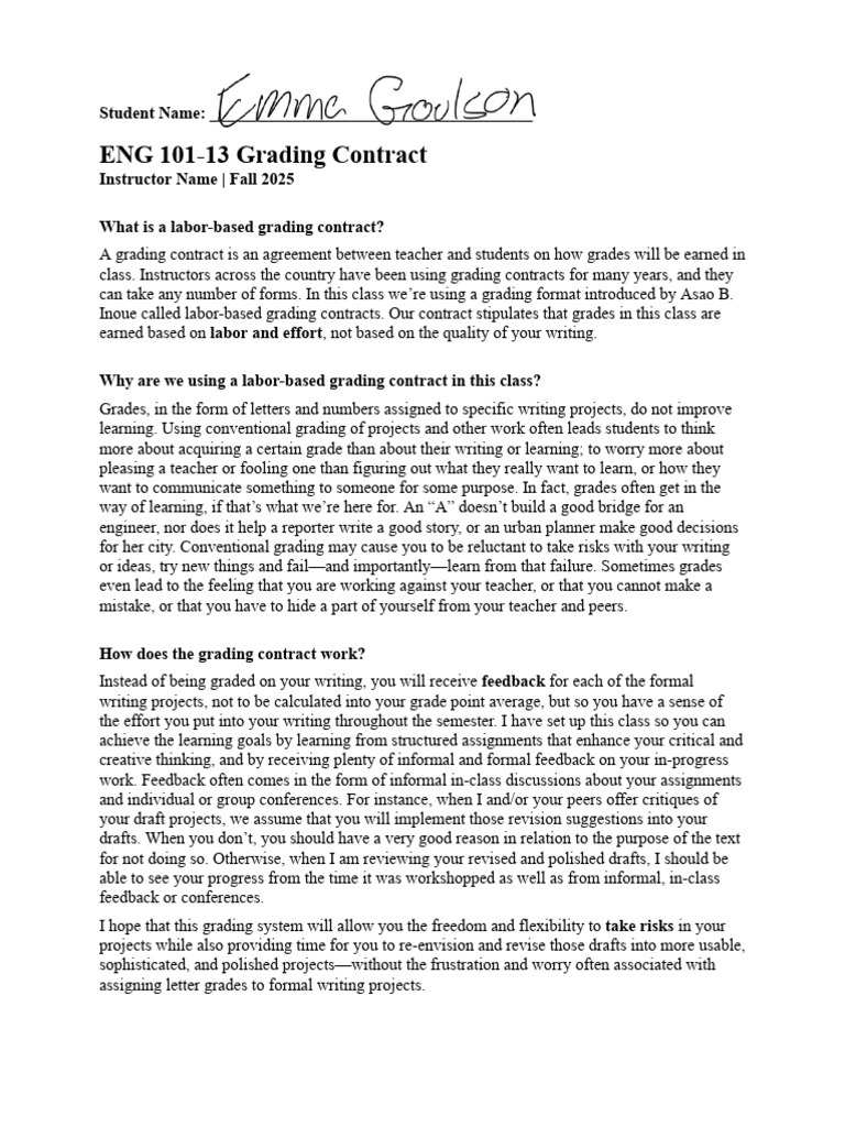 ENG 101 Grading Contract Template - Fall 25 | PDF | Learning | Human ...
