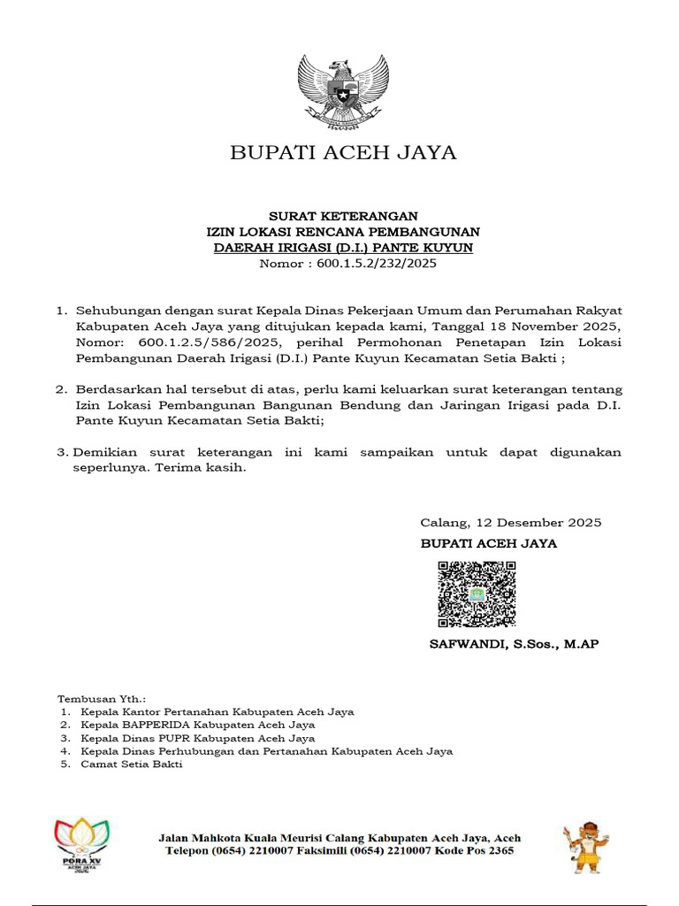 Surat Keterangan Bupati Ijin Lokasi Bangunan D.I. Pante Kuyun - TTE | PDF