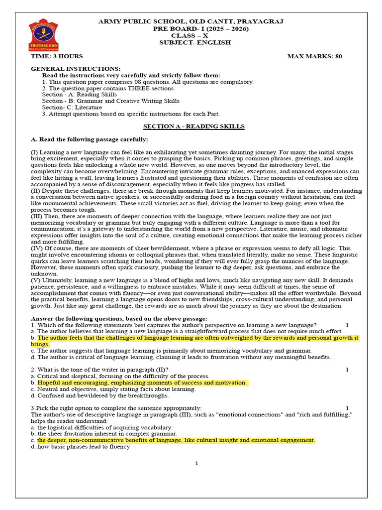 PRE BOARD 1 CLASS X | PDF | Adolescence | Love