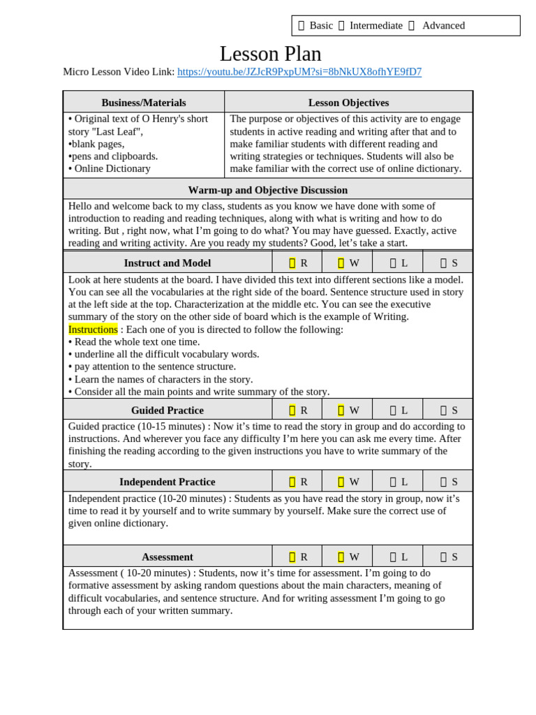 01 Edited Reading and Writing Lesson Plan With Technology. | PDF ...