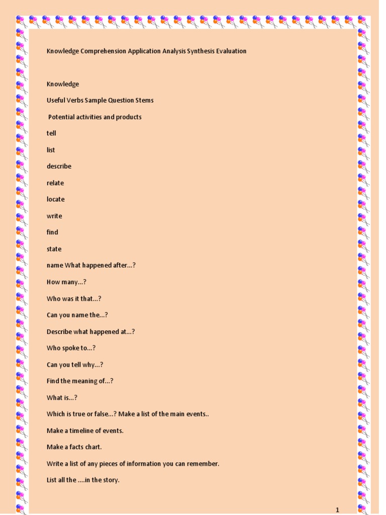 Knowledge Comprehension Application Analysis Synthesis Evaluation | PDF ...
