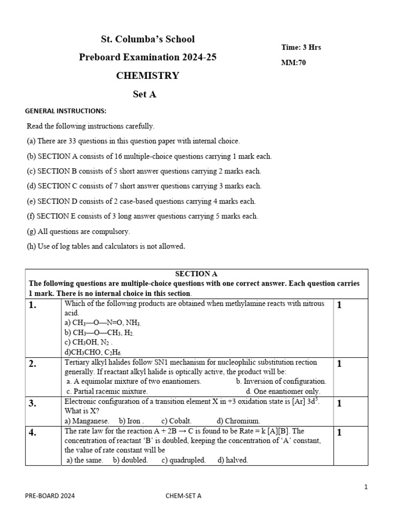 Pre-Board Chemistry Exam 2024 Set A | PDF | Amine | Chemical Reactions