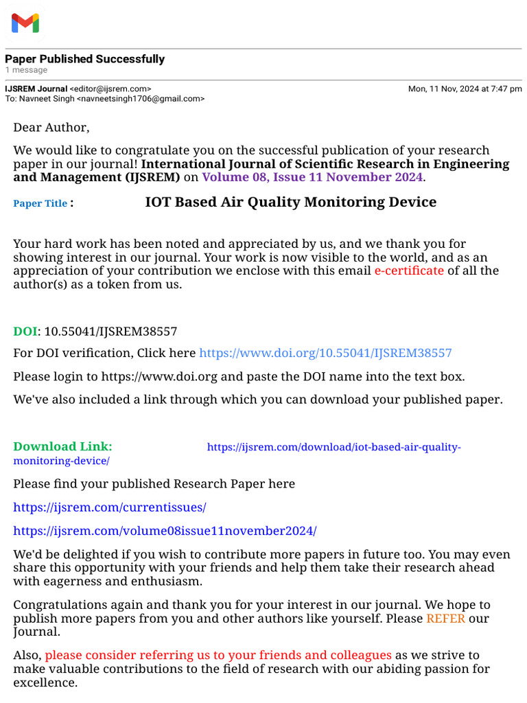 IOT Air Quality Monitoring Paper Published | PDF