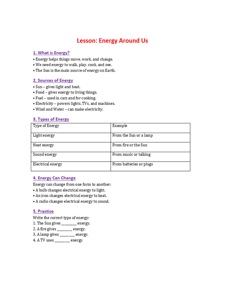 Energy Around Us Grade4 Lesson | PDF