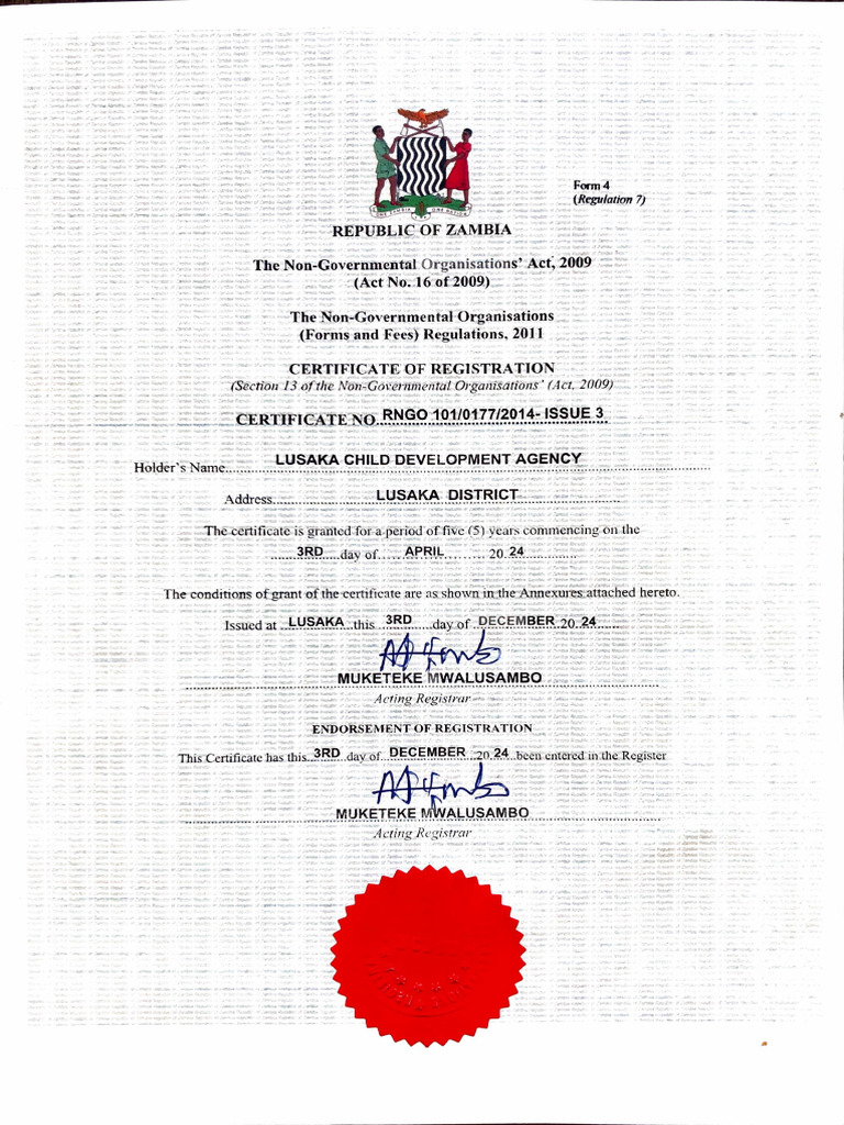 Lusaka Child Development Agency-Registration Certificate | PDF