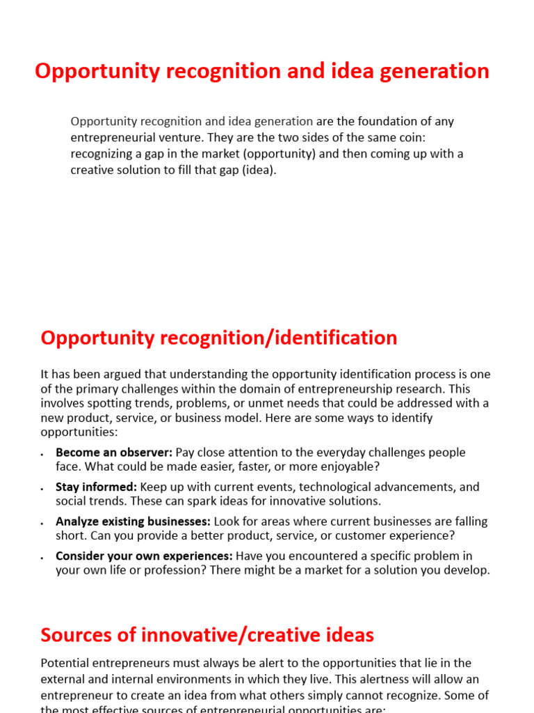 Opportunity Recognition & Idea Generation | PDF | Entrepreneurship ...
