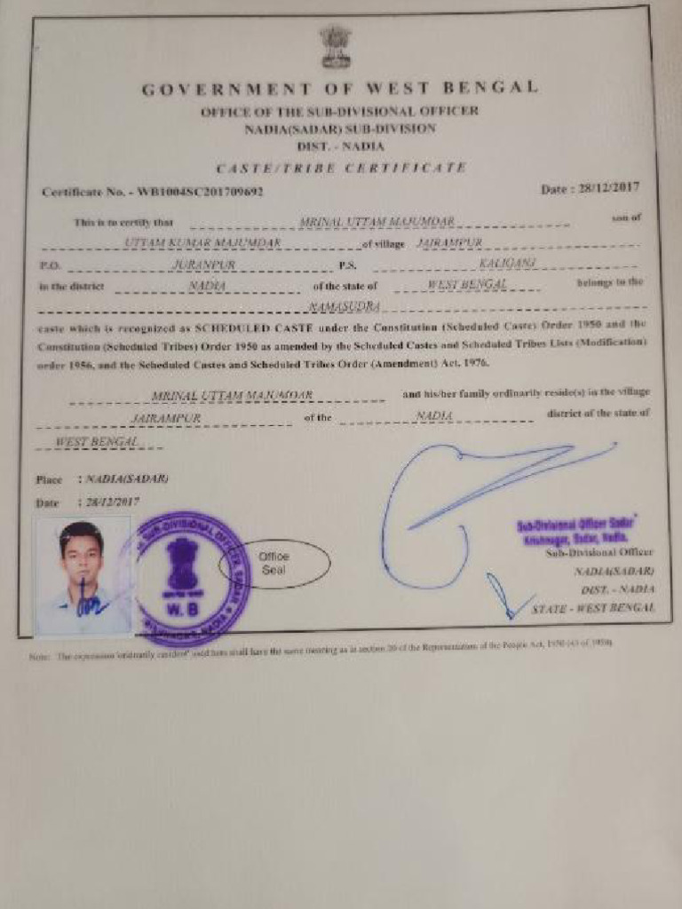 Mrinal SC Caste Certificate | PDF