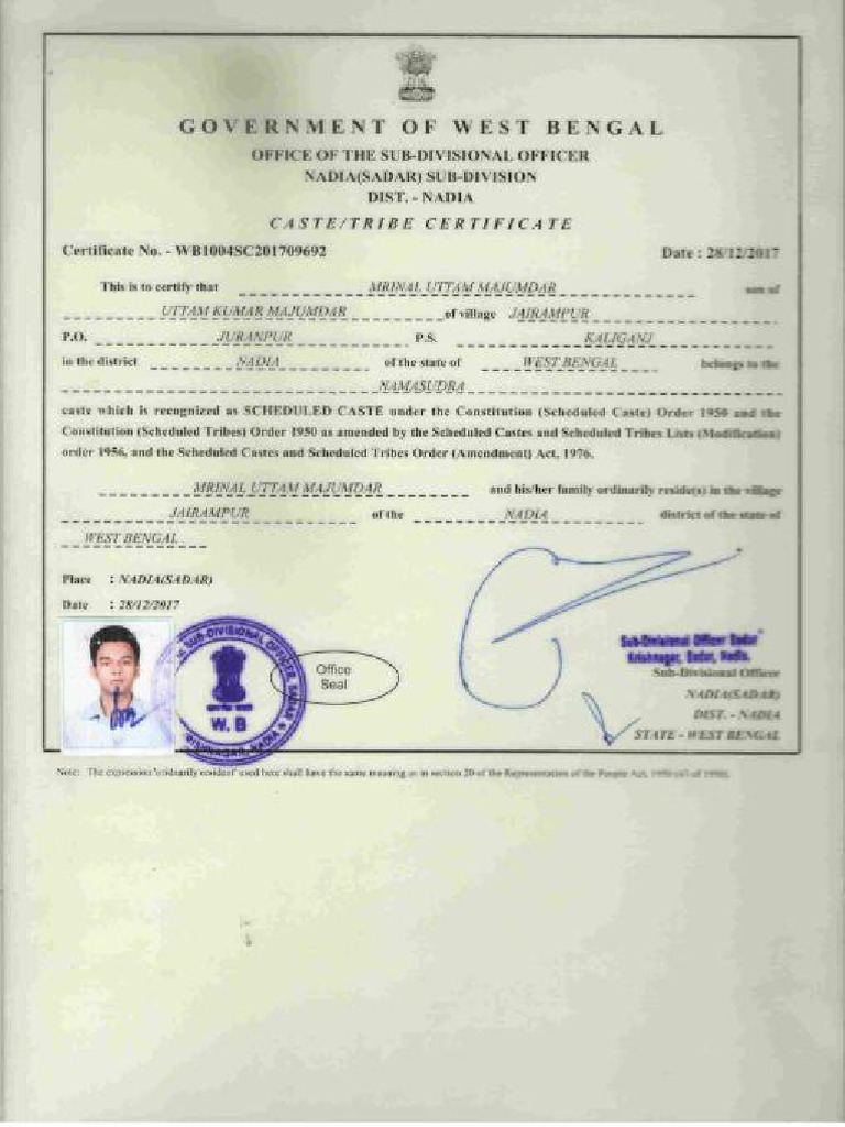 Mrinal SC Caste Certificate | PDF