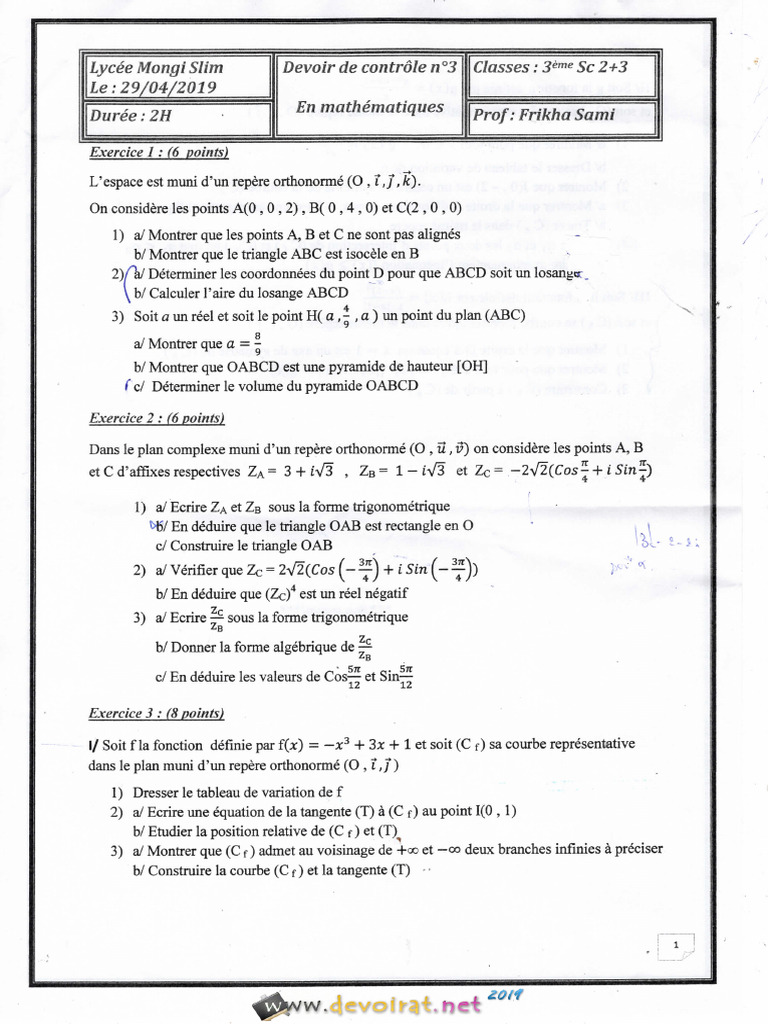 Devoir de Contrôle N°3 2ème Semestre - Math - 3ème Sciences exp (2018 ...