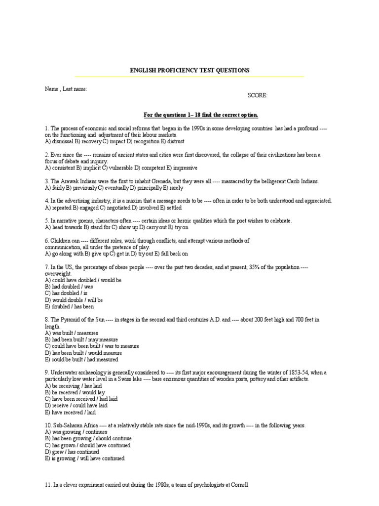 English Proficiency Test Questions | PDF