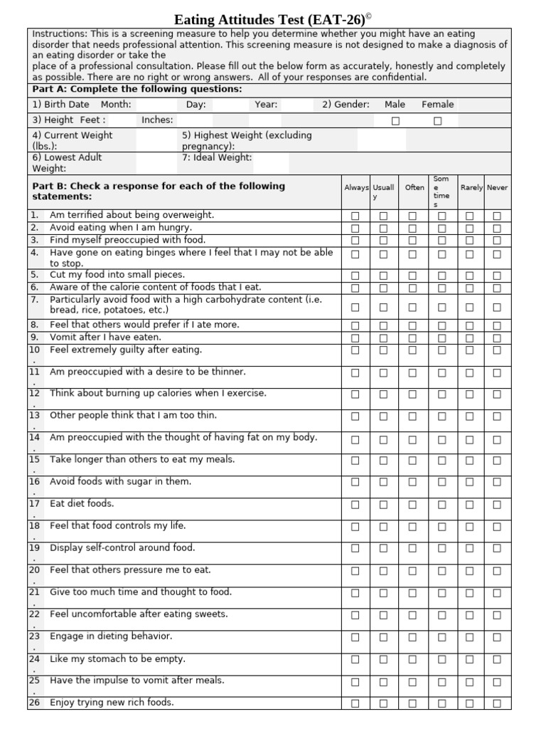 EAT-26 Eating Disorder Screening Tool | PDF | Eating | Nutrition