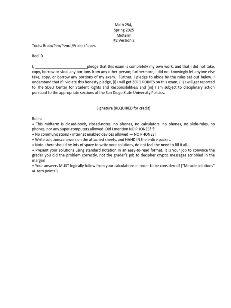 MATH254 Midterm 2 Version 2 13copies | PDF | Basis (Linear Algebra ...