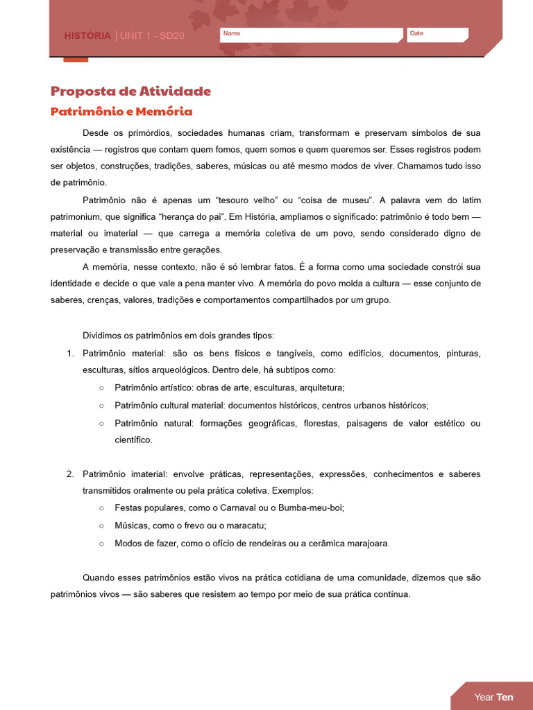 HISTÓRIA - U1 - SD20 | PDF | Herança cultural | Educação em Artes Liberais