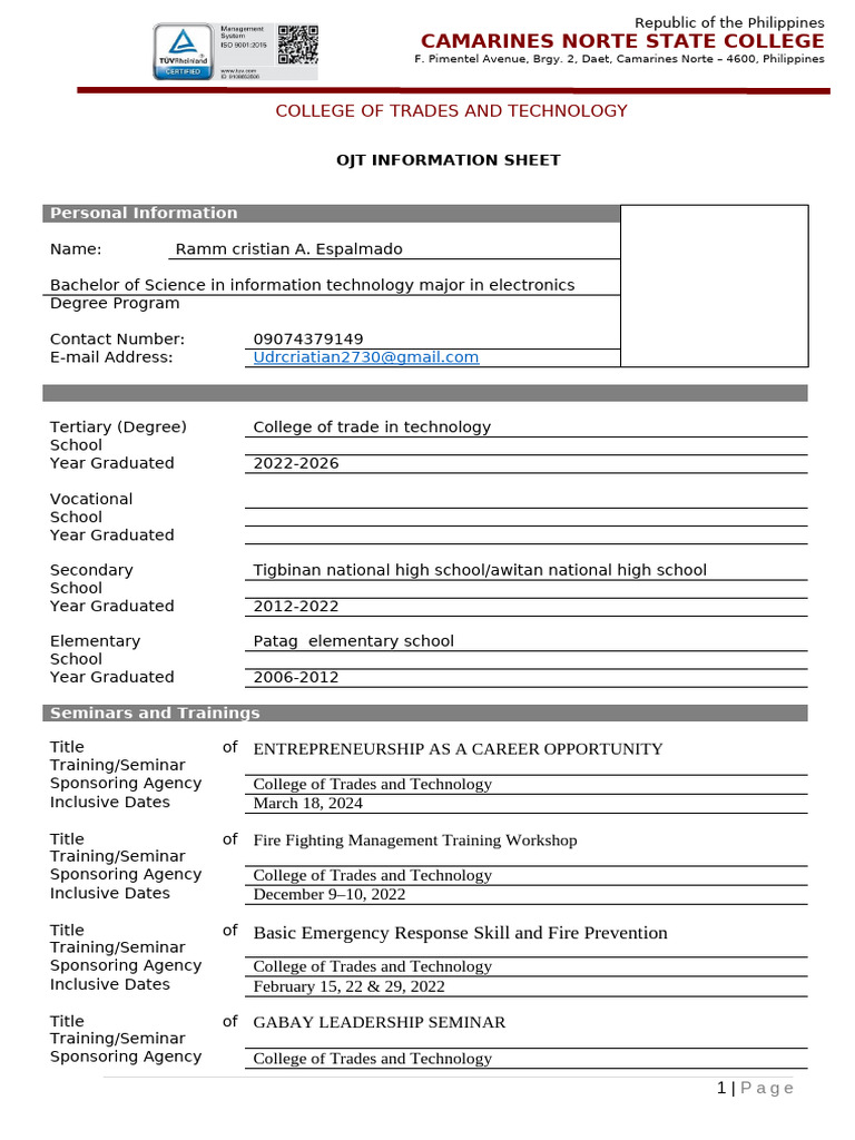 OJT Information Sheet 1 1 Copy | PDF | Educational Stages