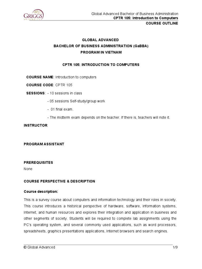 CPTR 105 - Introduction To Computers - Course Outline | PDF ...