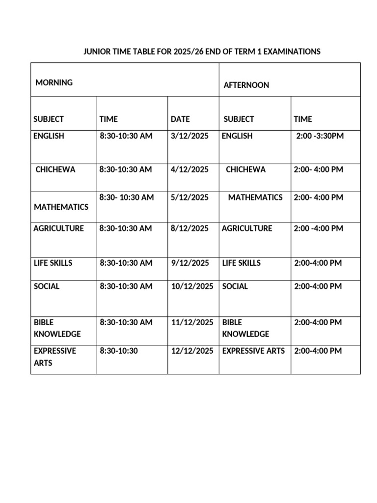Junior Exam Timetable 2025/26 Term 1 | PDF