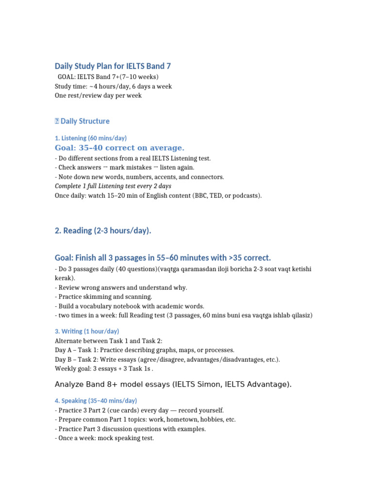 IELTS Band 7 Daily Study Plan | PDF | International English Language ...