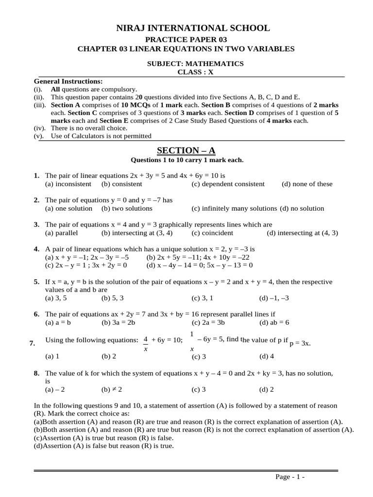 Linear Equations Practice Paper Class X | PDF | System Of Linear ...