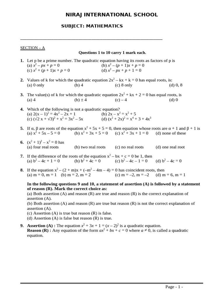 Quadratic Equations Practice Questions | PDF | Quadratic Equation ...