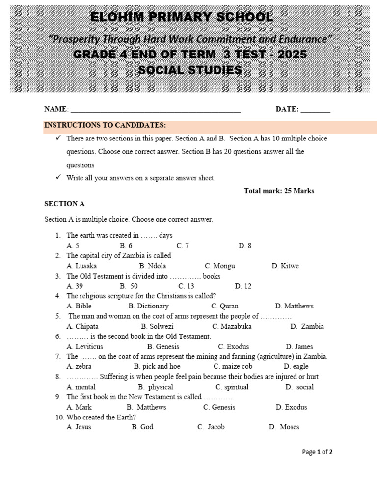 Grade 4 Social Studies Test 2025 | PDF | Moses | Bible