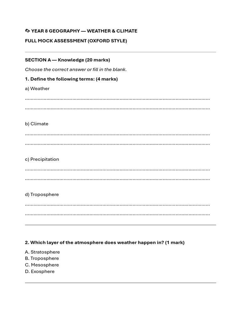 Year 8 Geography Weather Assessment | PDF | Rain | Atmosphere Of Earth