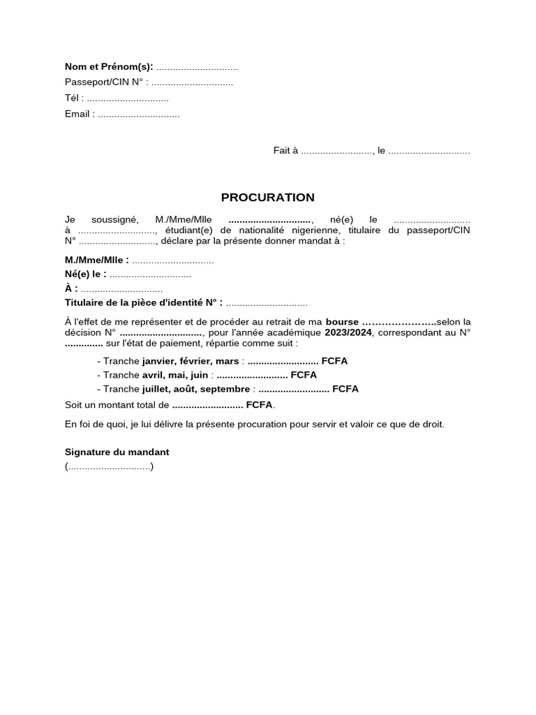 Modèle de procuration pour bourse 2023/2024 | PDF