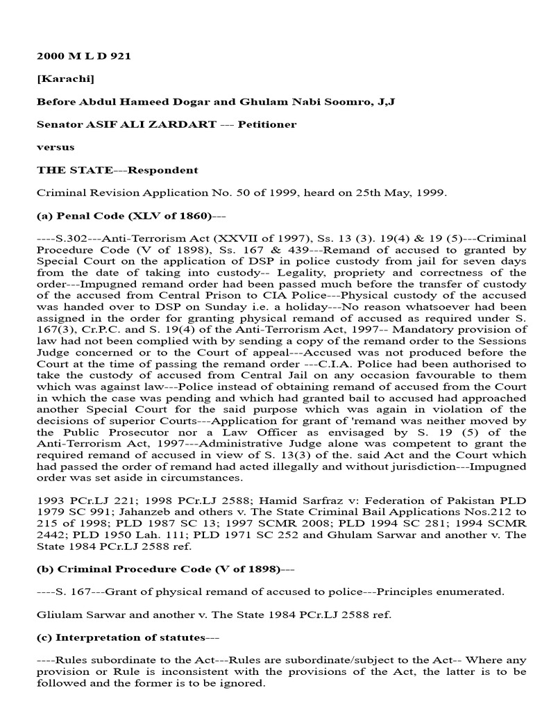 2000 M L D 921 (remand) | PDF | Bail | Government