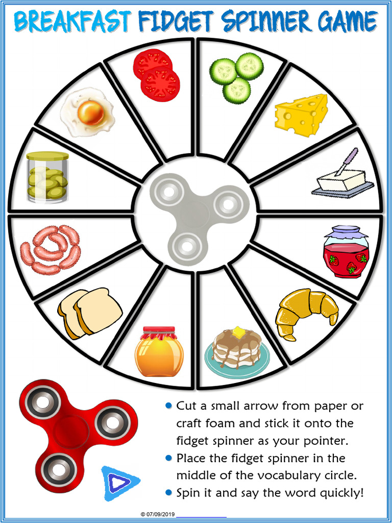Breakfast Vocabulary Esl Printable Fidget Spinner Game for Kids | PDF