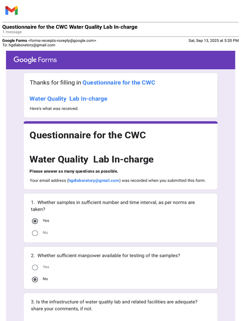 Gmail - Questionnaire For The CWC Water Quality Lab In-Charge | PDF ...
