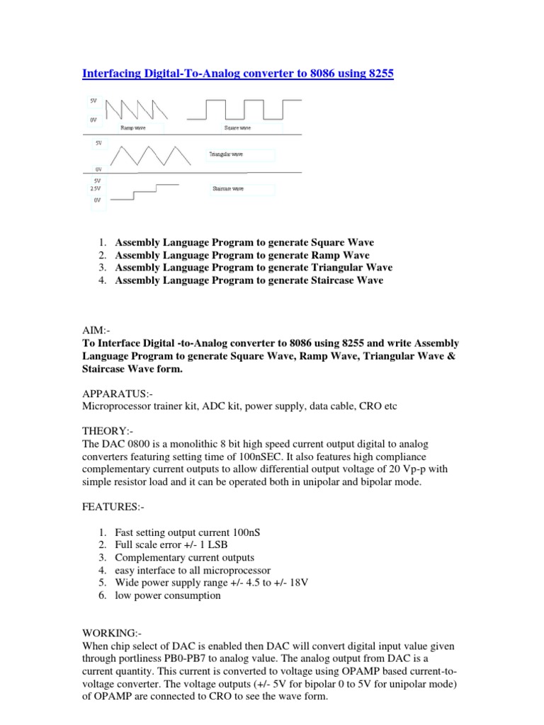 DAC Interfacing with 8086 via 8255 | PDF | Digital To Analog Converter ...