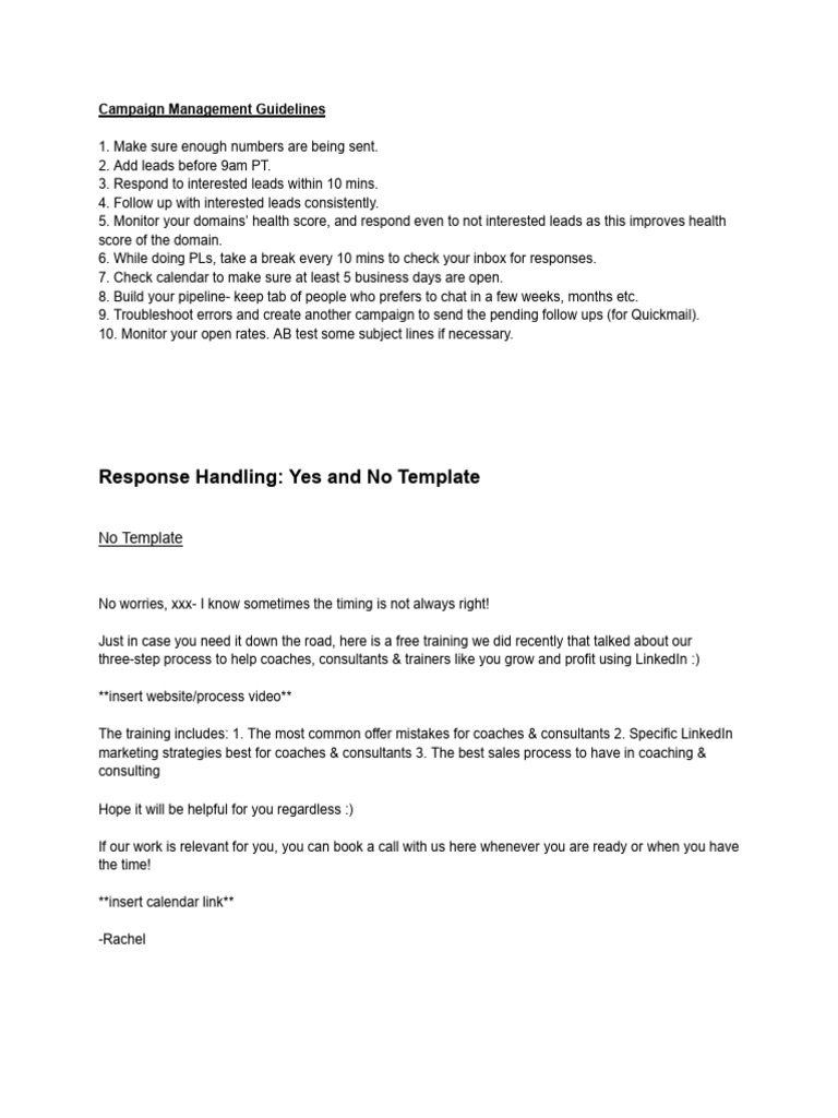 Response Handling: Yes and No Template: Campaign Management Guidelines ...