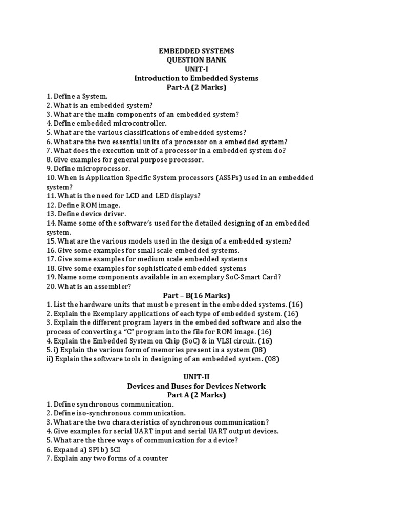 Embedded Systems Question Bank Unit-I Introduction To Embedded Systems Part-A (2 Marks) | PDF ...