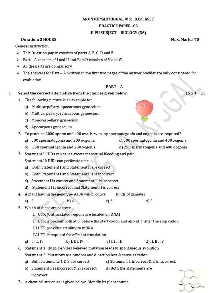 Biology Practice Paper for II PU Students | PDF | Genetics | Dna