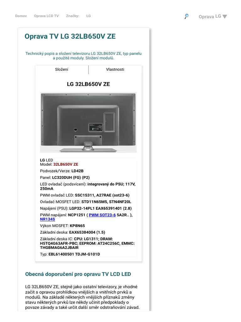 LG 32LB650V. Oprava, Schéma, Servis | PDF