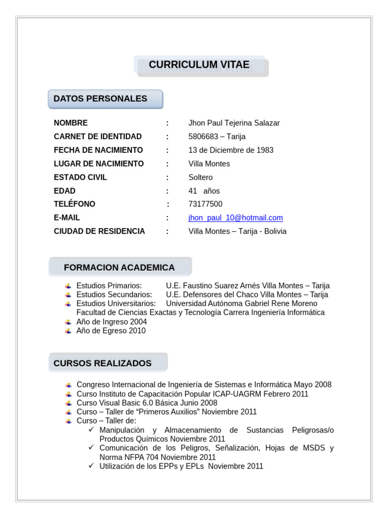 Currículum Vitae de Jhon Paul Tejerina | PDF | Informática