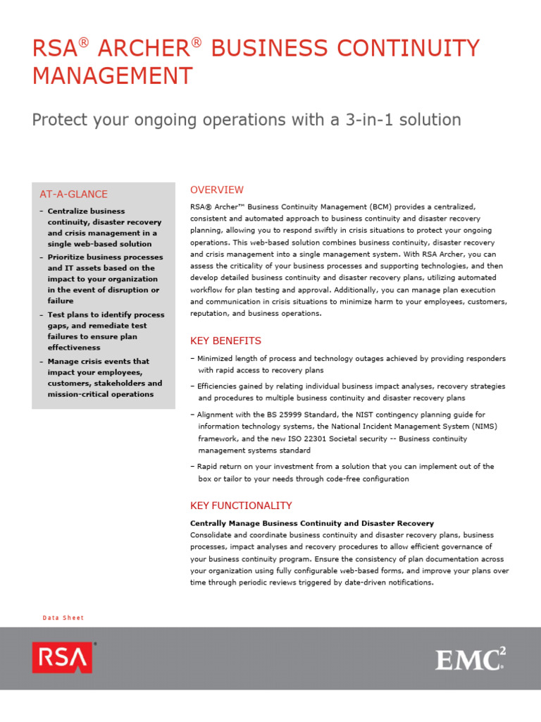 Rsa Archer Business Continuity Management Datasheet | PDF | Systems ...