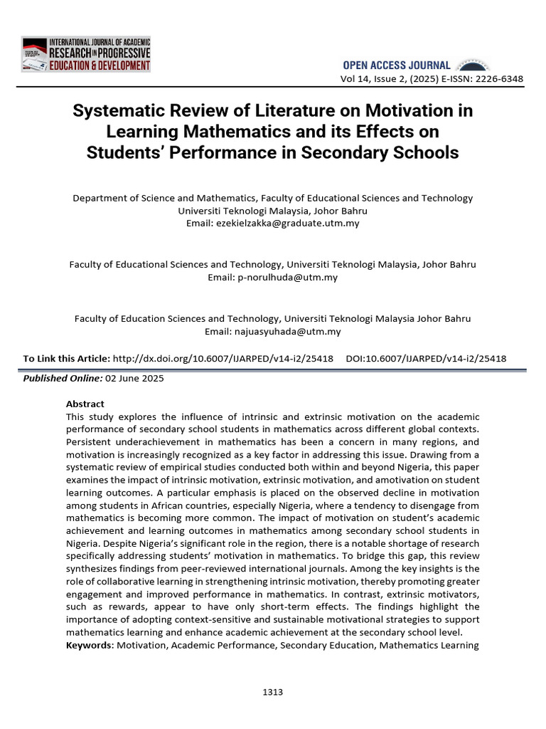 Motivation's Impact on Math Performance | PDF | Systematic Review ...