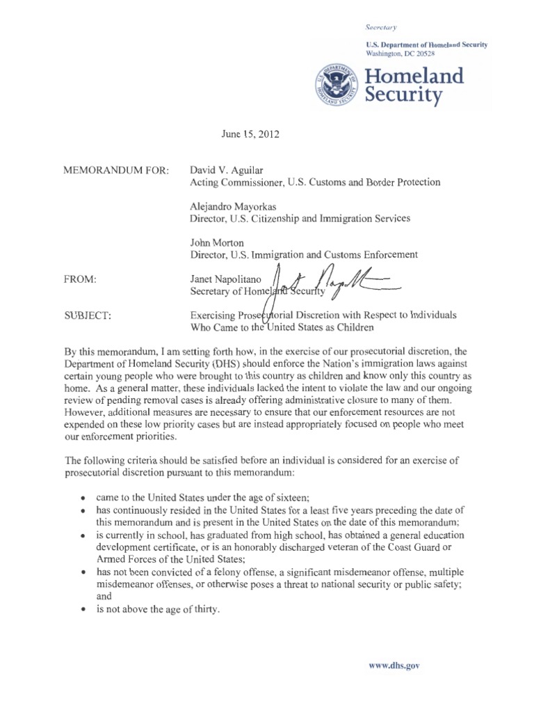 Janet Napolitano DHS Memo 6 15 12 | PDF