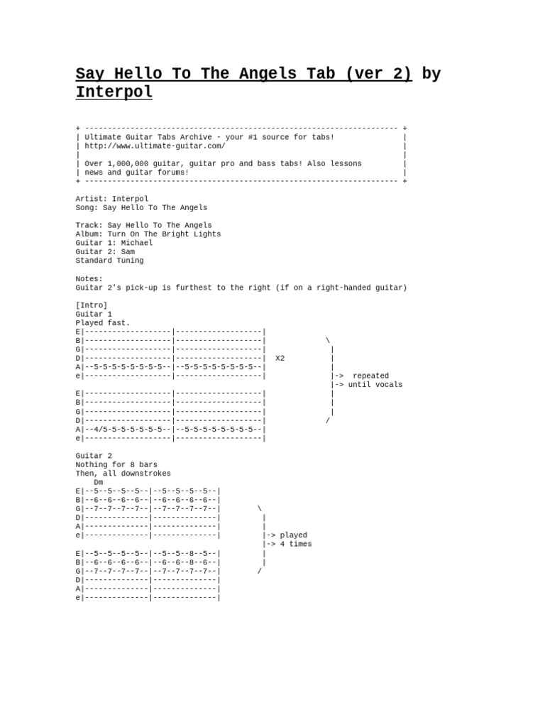 Interpol Say Hello To The Angels Tab | PDF | Guitars | Song Structure